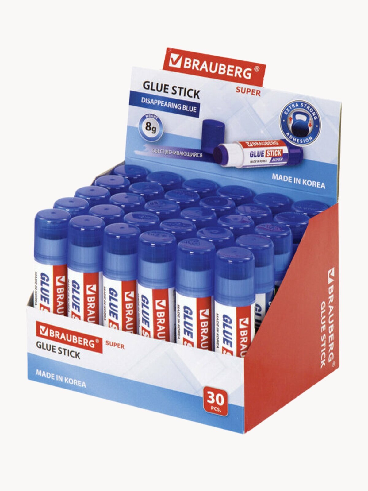 Клей-карандаш BRAUBERG SUPER 8г обесцвечивающийся выгодная упаковка комплект 30 шт, Ю. Корея, 880235