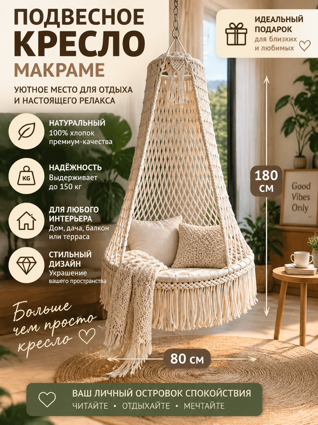 Подвесное кресло макраме ручной работы, плетеное кресло из 100% хлопка, выдерживает до 150 кг, для дома, балкона, дачи