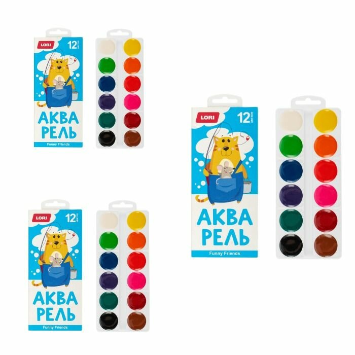 Lori Краска Акварель, Funny Friends, 12 цветов, 3 шт