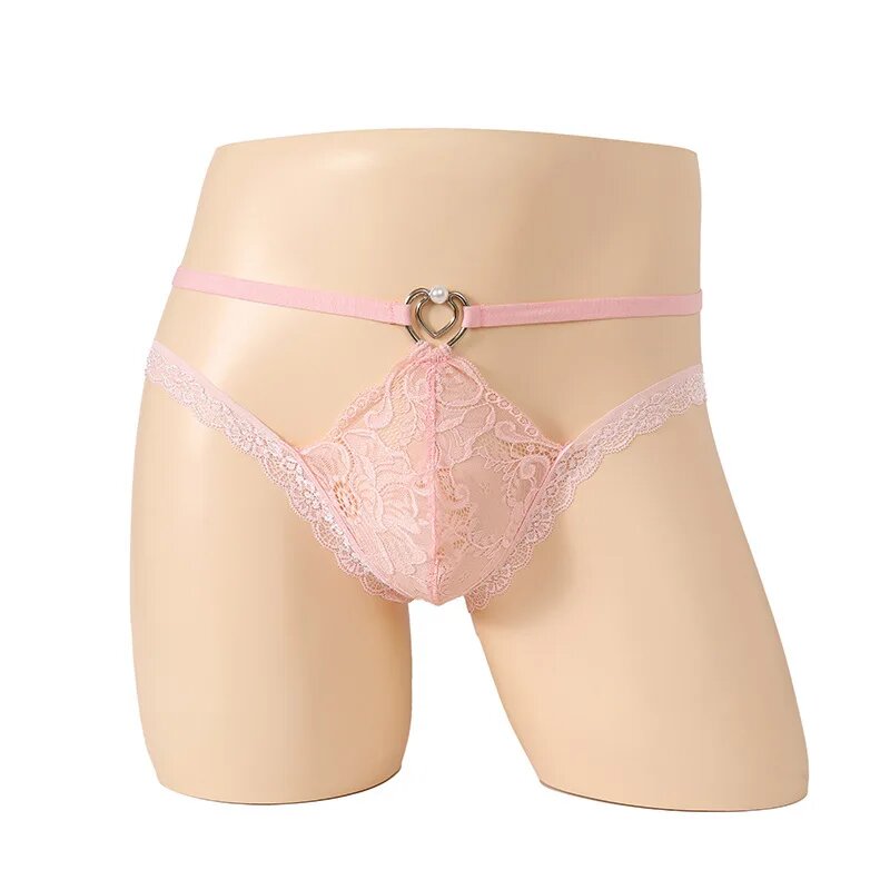 Кружевные трусики-мешочки, мужское женственное нижнее белье для мужчин, Femboy, нижнее белье, кружево с цветочным принтом, прозрачные трусы-бикини, полые стринги Розовый, М, Розовый