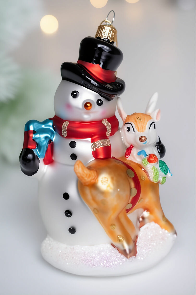 Ёлочная игрушка снеговик свен С оленёнком бемби, стекло, 14 см, Winter Deco 4060402