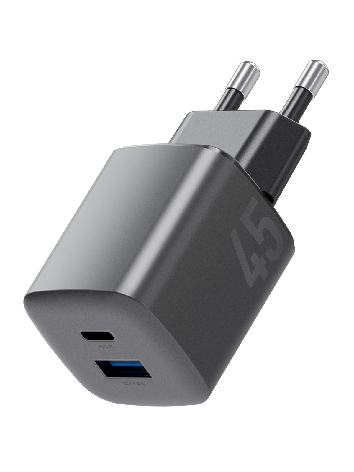 Зарядное устройство Energea AmpCharge Mini GaN, быстрая зарядка, USB-C PD 45W + USB-A QC 3.0 30W, PPS 45W, серый
