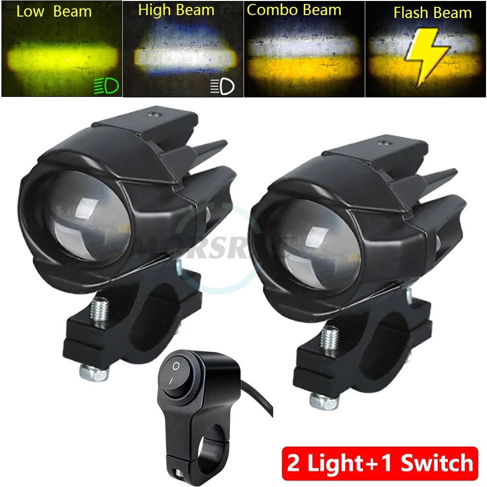 12-80 В дополнительные светодиодные фары для мотоциклов, светодиодные фары дальнего действия, белые/янтарные вспомогательные светодиодные прожекторы для квадроциклов, противотуманные фары 2 Light With Switch
