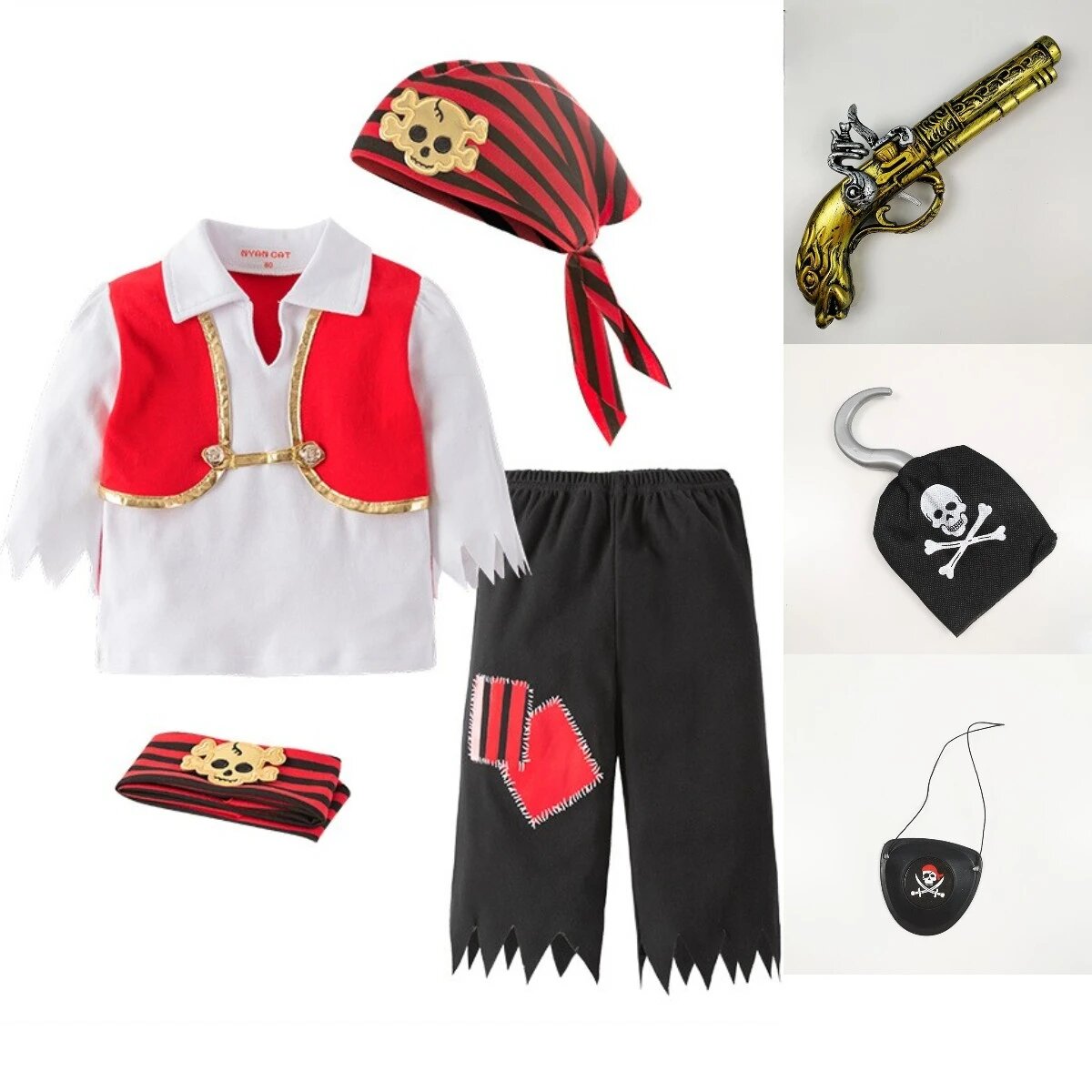 Пиратский костюм для мальчиков 2-6 лет Красный, 90(2-3 Years), Золотой