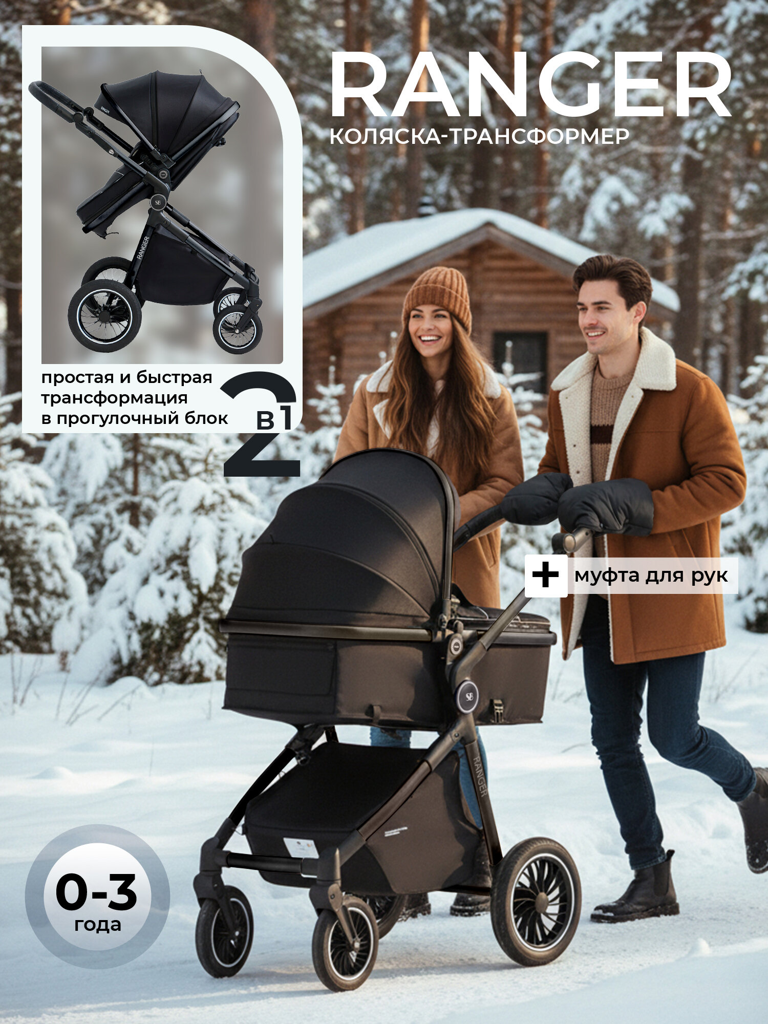 Коляска 2 в 1 для новорожденных трансформер Sweet Baby Ranger Black Glossy