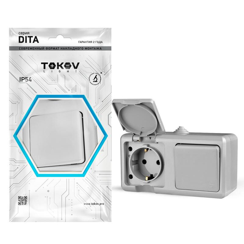 Блок ОП Dita (розетка 16А 250В с заземл. + 1-кл. выкл. 10А) IP54 сер, TOKOV ELECTRIC TKL-DT-V1RZ-C06-IP54 (1 шт.)