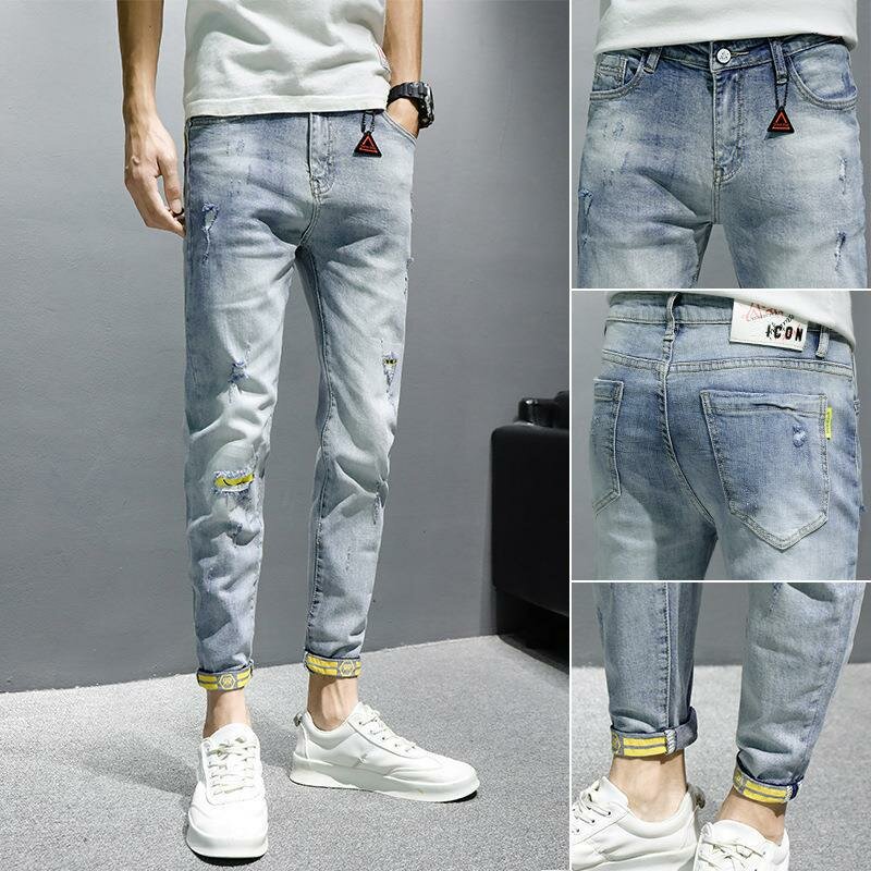 ZY Джинсы Мужские Корейские Рваные Тонкие Кроп Деним, Размер_33