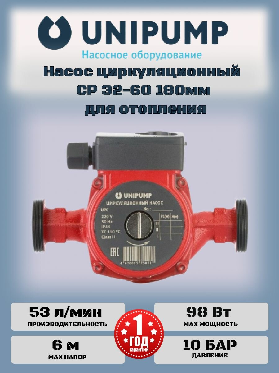 Насос циркуляционный UNIPUMP CP 32-60 180мм 98Вт для отопления