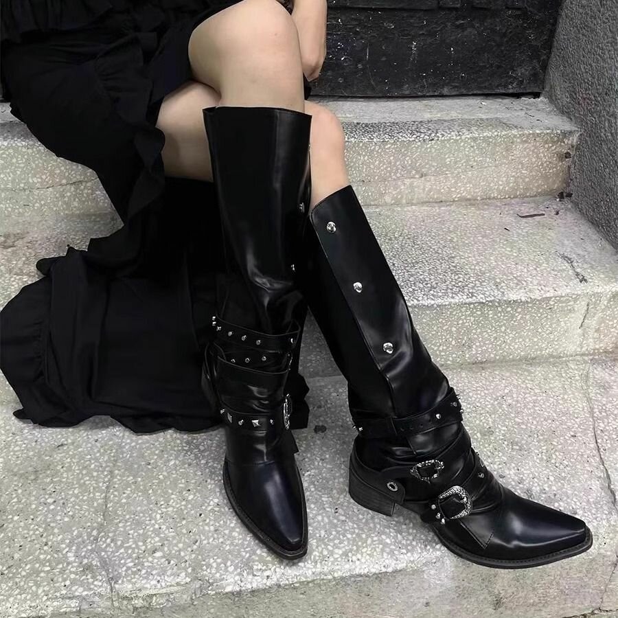 Ботинки Uniti с острым носком, черные, в стиле панк, нишевые, длинные ботинки, американский стиль пустыни, ретро для женщин