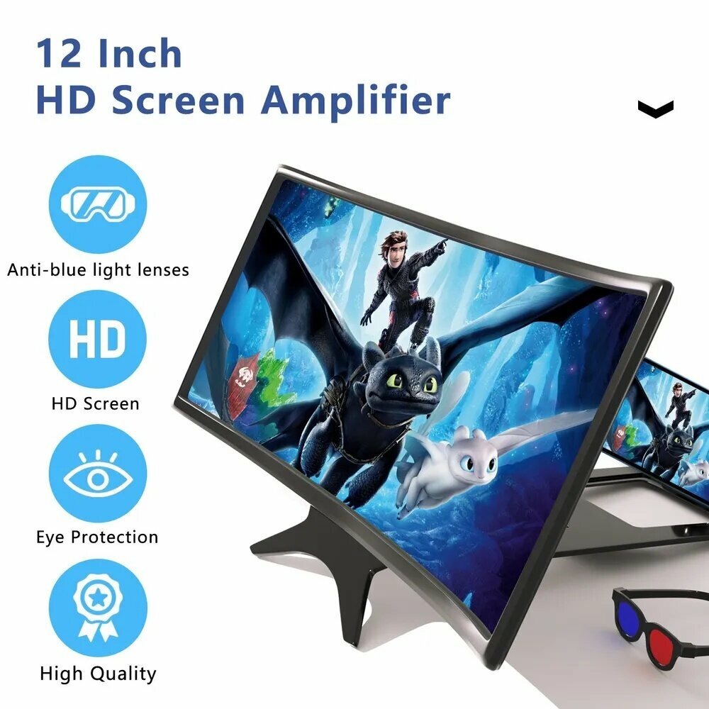 12-дюймовый усилитель экрана мобильного телефона, включая пару 3D очков, оптический объектив Френеля, анти-синий свет высокой четкости, кронштейн телефона с изогнутым экраном