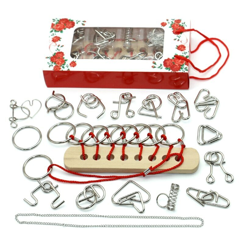 Мозг Teaser металлическое кольцо головоломка 16 штук набор, разблокированный тест IQ, вызов игрушка, сборка и решение головоломки модель строительный набор (красный)