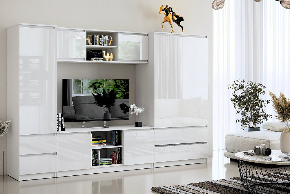 Гостиная комплект, шкаф двухстворчатый, антресоль, пенал, ТВ тумба, Челси 3, 270.6х179.6х51.4 см, Белый / Белый глянец