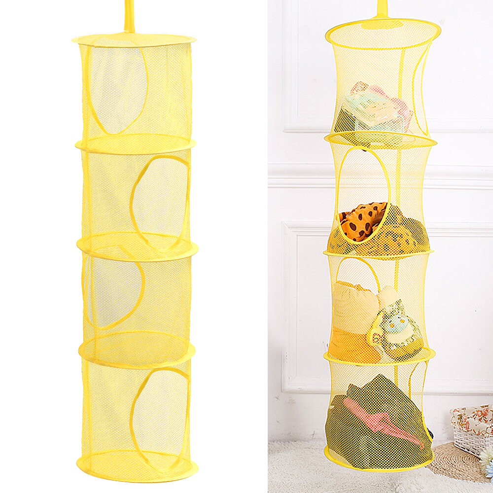 Сетчатая подвесная корзина для хранения 4 слоев, складная, для рыбы, сушки, хранения игрушек, нижнего белья, носков, желтый/синий, материал нейлонная сетка+цинкованная проволока, размер 110*30 см, вес 150 г, упаковка 30*30*3 см, 1 шт.