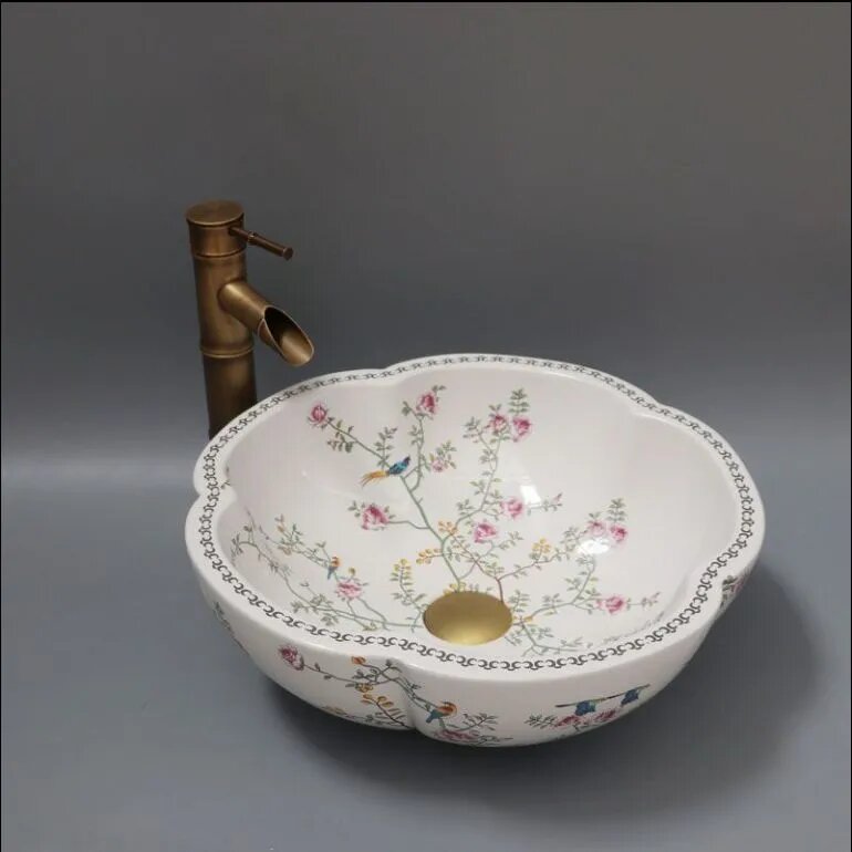 Раковина для ванной комнаты, европейский стиль, розовая цветочная форма, керамическая раковина для столешницы для умывальника, тщеславия