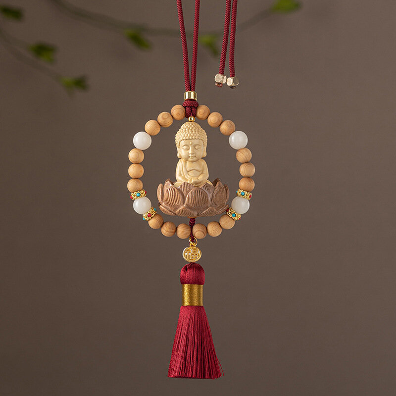 Высококачественное подвесное зеркало заднего вида из персикового дерева для автомобиля, подвесное украшение, подарок, подвесное украшение из самшита, маленький Будда, подвесное украшение для автомобиля
