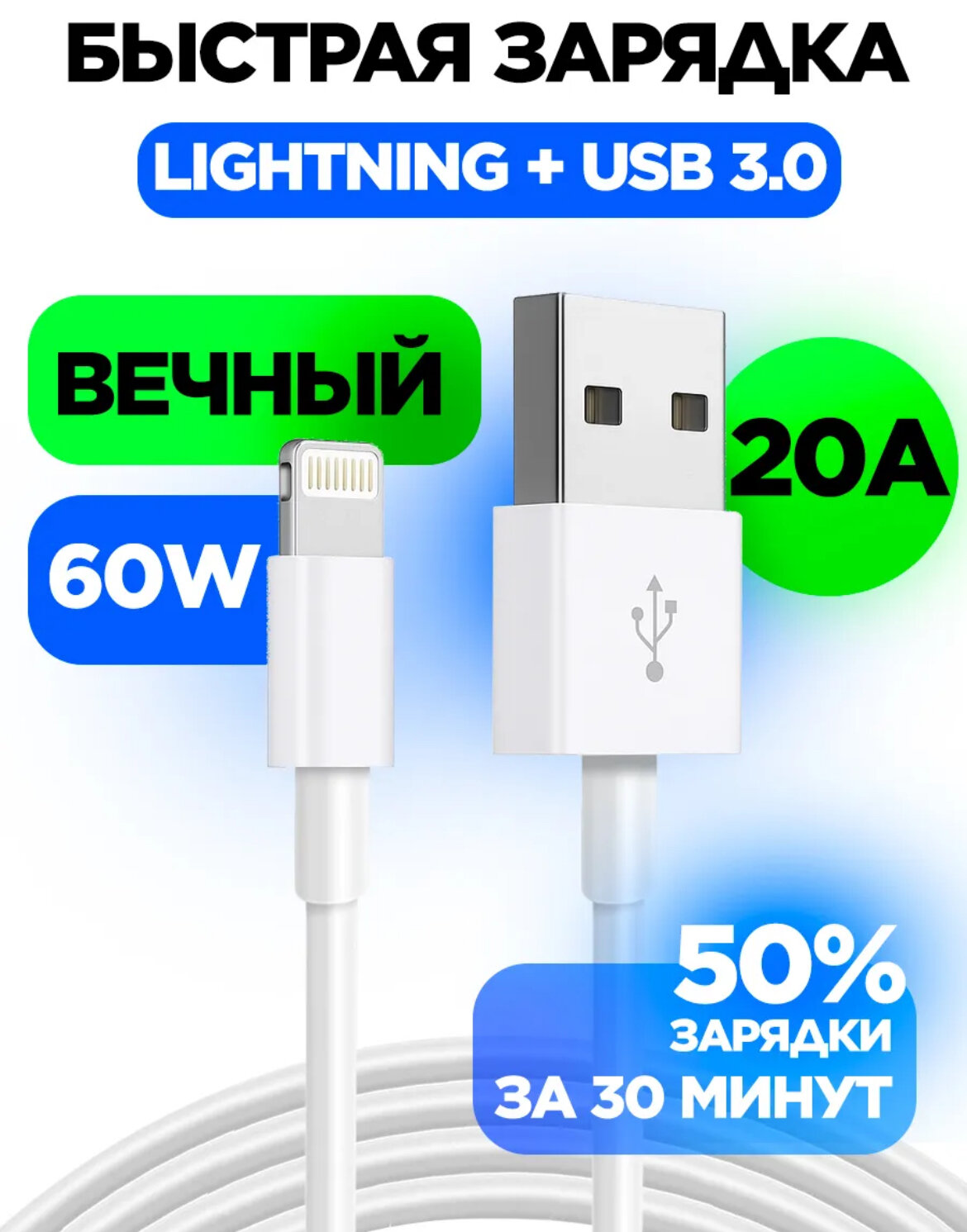 Кабель быстрая зарядка для айфон lighting+usb3.0 60w , 20 A.