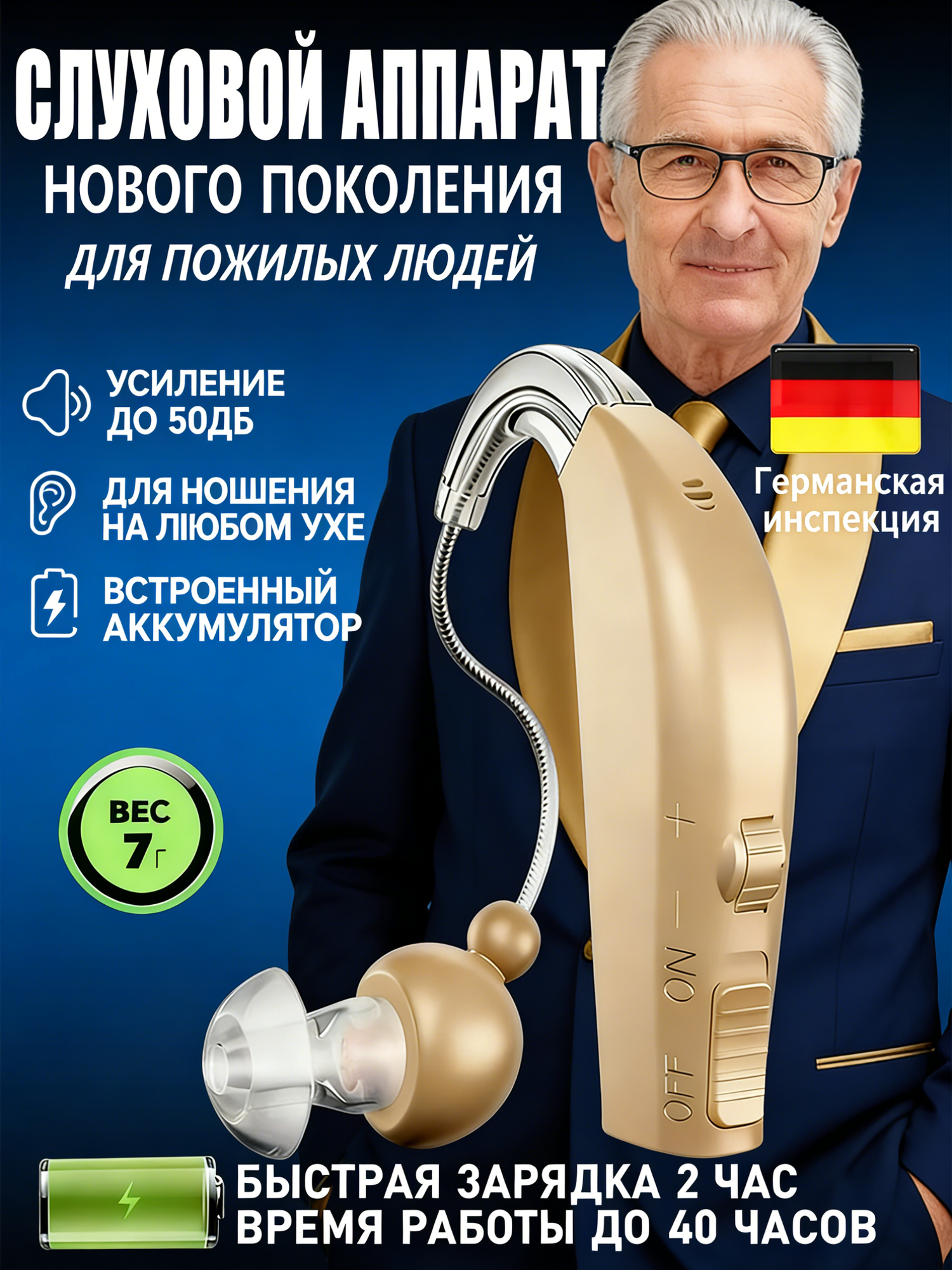 Усилитель слуха на аккумуляторе с функцией Bluetooth, заушный цифровой слуховой аппарат для пожилых с зарядкой type-c