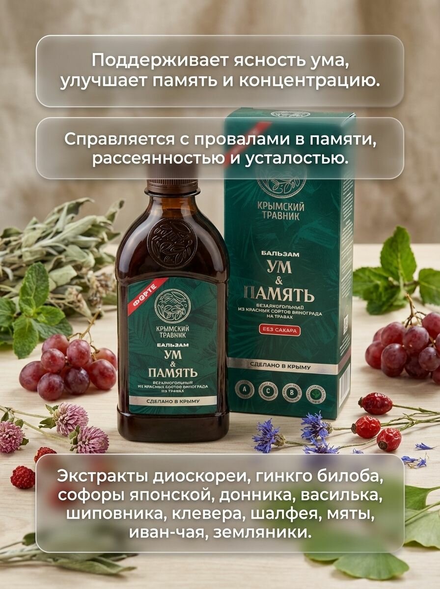 Бальзам Ум и Память безалкогольный на травах из красных сортов винограда натуральный фитокомплекс для мозга и концентрации, 250 мл