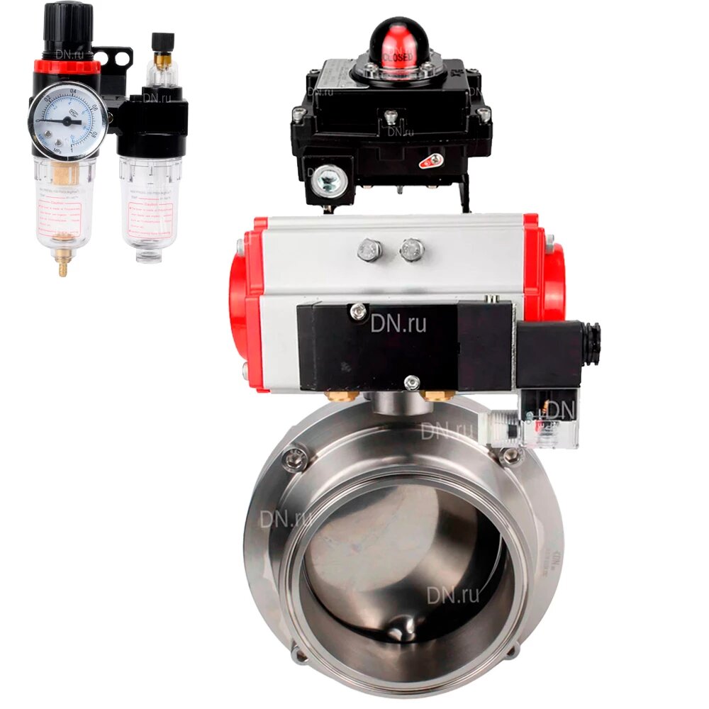 Затвор дисковый поворотный кламповый DN. ru 304-304-Sil-2W-C-H Ду25 Ру10 корпус - пищевая нержавеющая сталь 304, уплотнение - Silicon, с пневмоприводом SA-065, пневмораспределителем PND2-S1EM-52-1NC-J08-220VAC, БКВ LSB-410-02ExM12-250 и БПВ APU1-10-40-V08