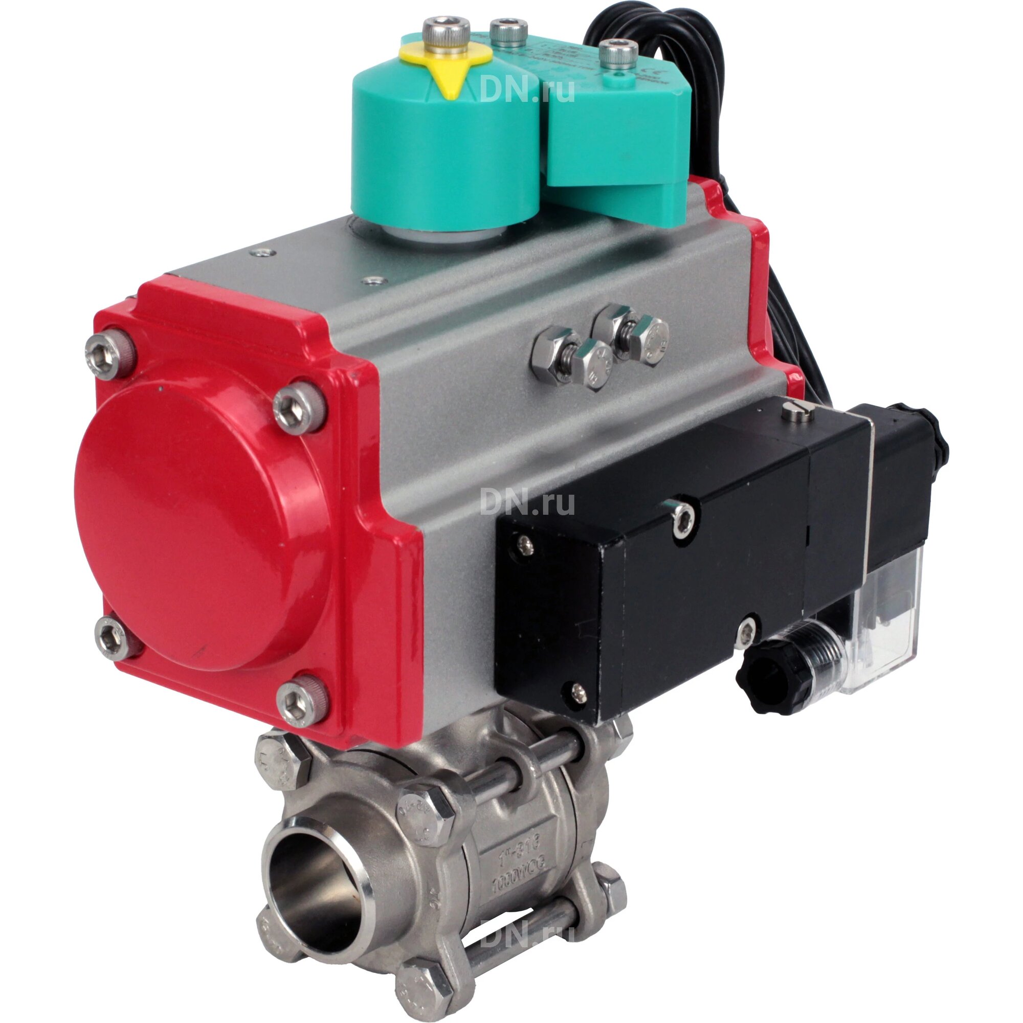 Кран шаровой DN.ru кшпп 316.200-ISO Ду50 Ру40 полнопроходной, корпус - нержавеющая сталь 316, уплотнение - PTFE, под приварку, с пневмоприводом DA-083, пневмораспределителем PND2-S1EM-52-1NC-J08-220VAC и магнитным переключателем МППП-200