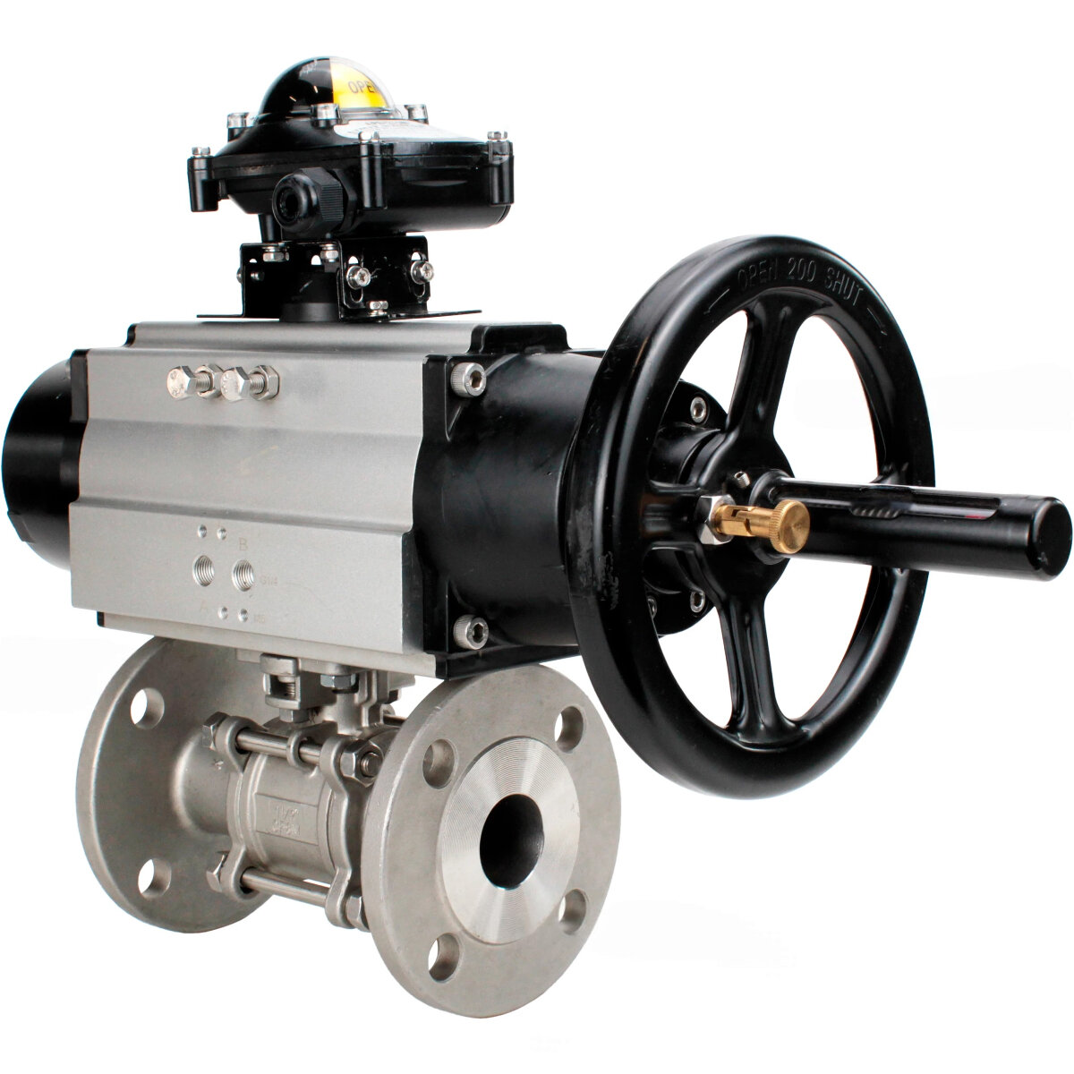 Кран шаровой DN.ru кшфпт.304.180 Ду100 Ру16 полнопроходной трехсоставной, фланцевый, нержавеющая сталь 304, уплотнение - PTFE, 22х22, F10, WDVF, с пневмоприводом DN. ru DA-105-1 и БКВ LSB-210-02NM12-220/24 (опрессовано)