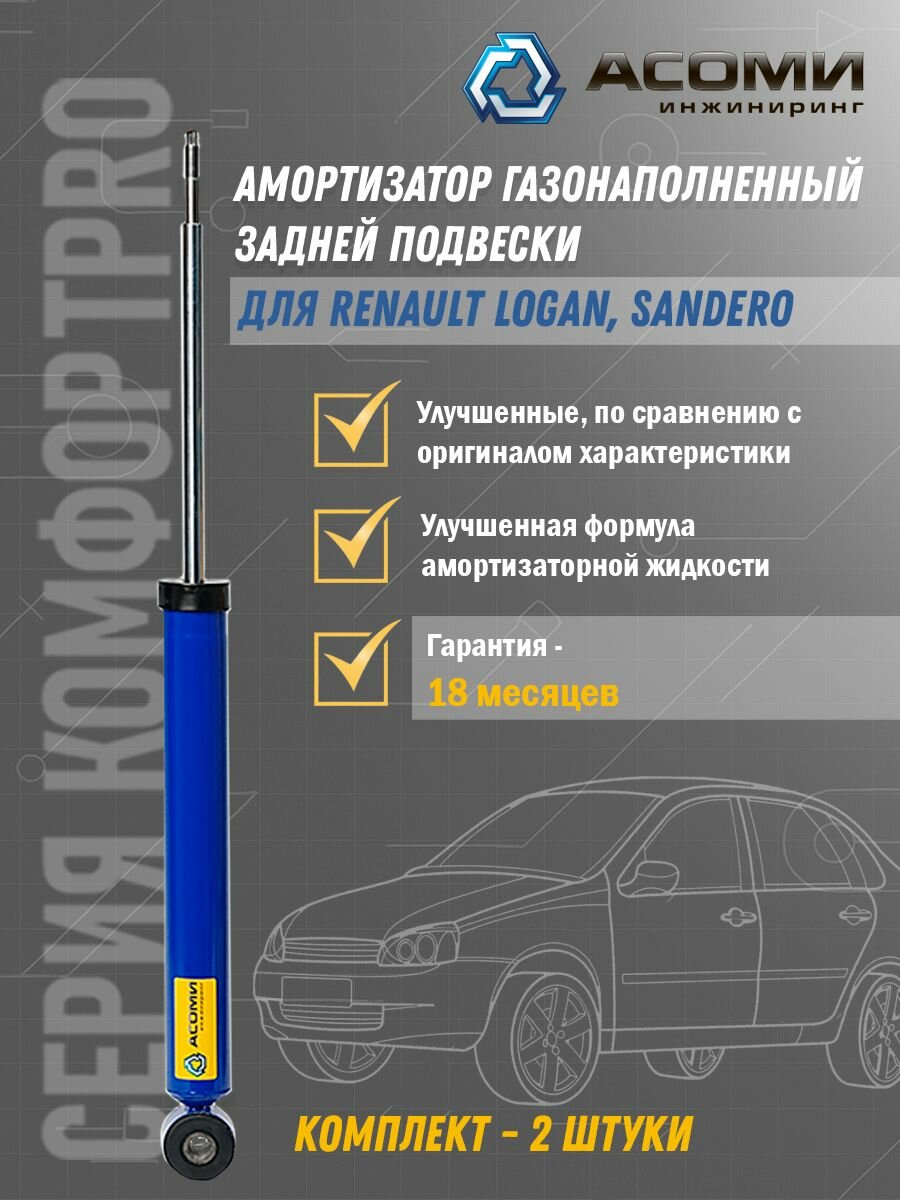 Амортизаторы задние газонаполненные в сборе с буфером и кожухом Рено Логан/ Renault Logan/ Рено Сандеро/ Renault Sandero