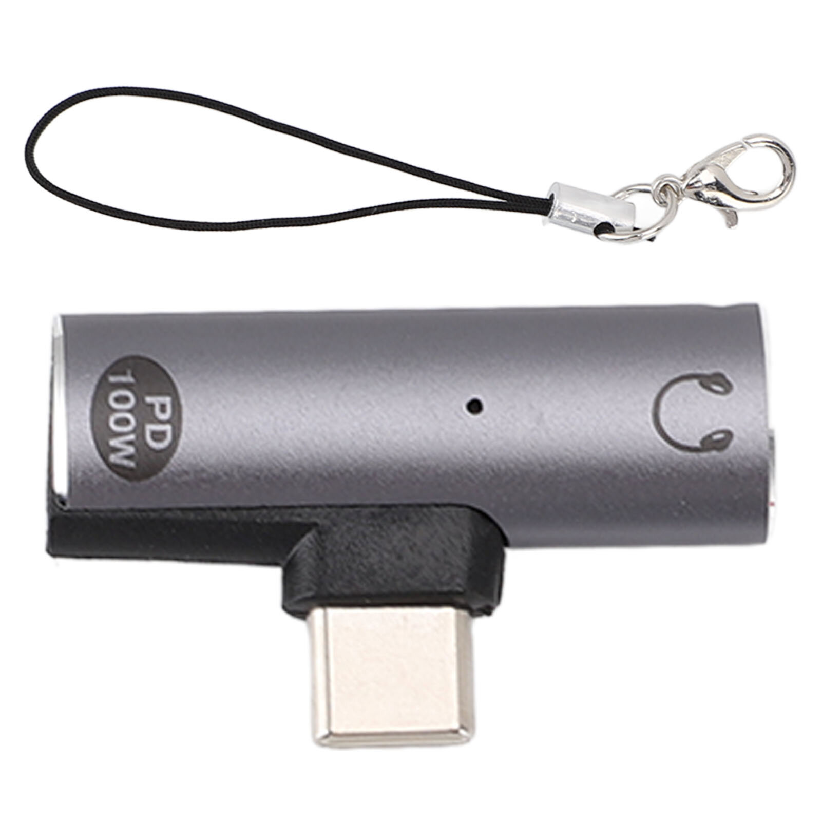 USB-C адаптер для зарядки наушников, штекер 3,5 мм, гнездо 100 Вт, быстрая зарядка, PD, серый.