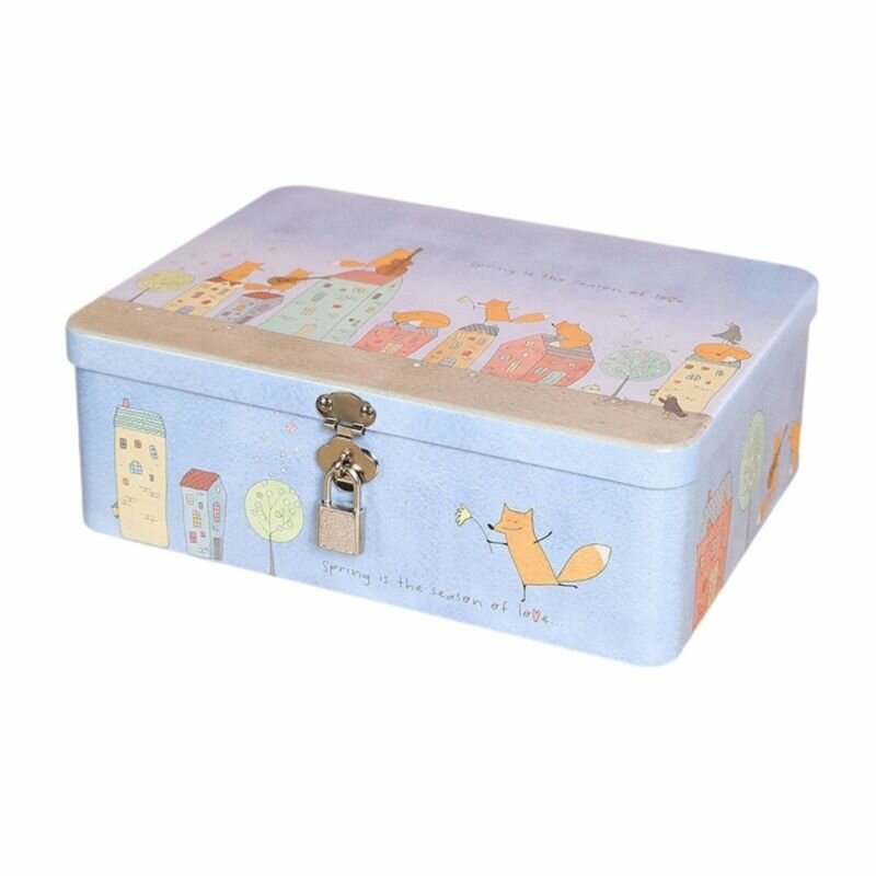 Ретро-жестяная коробка с замком и ключом для настольного хранения-небесно-голубой