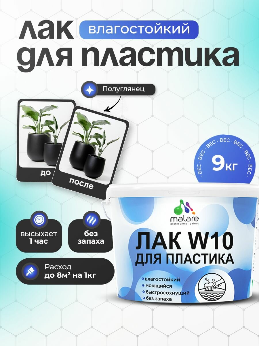 Лак для защиты пластика Malare акриловый моющийся быстросохнущий, полуглянцевый, 9 кг