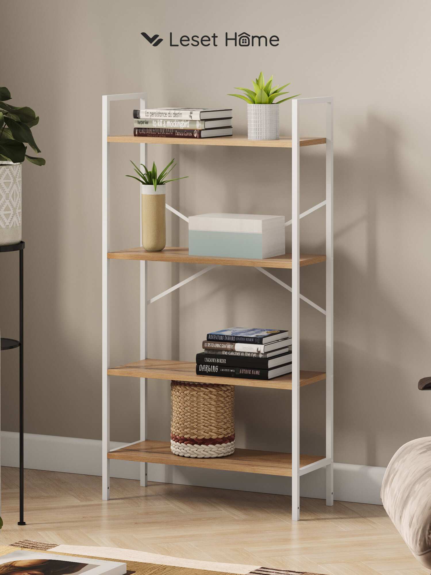 Стеллаж перегородка Leset "Стилвуд 24", стеллаж лофт, 4 полки, 59 см x 23,5 см x 111 см, белый, дуб крафт золотой