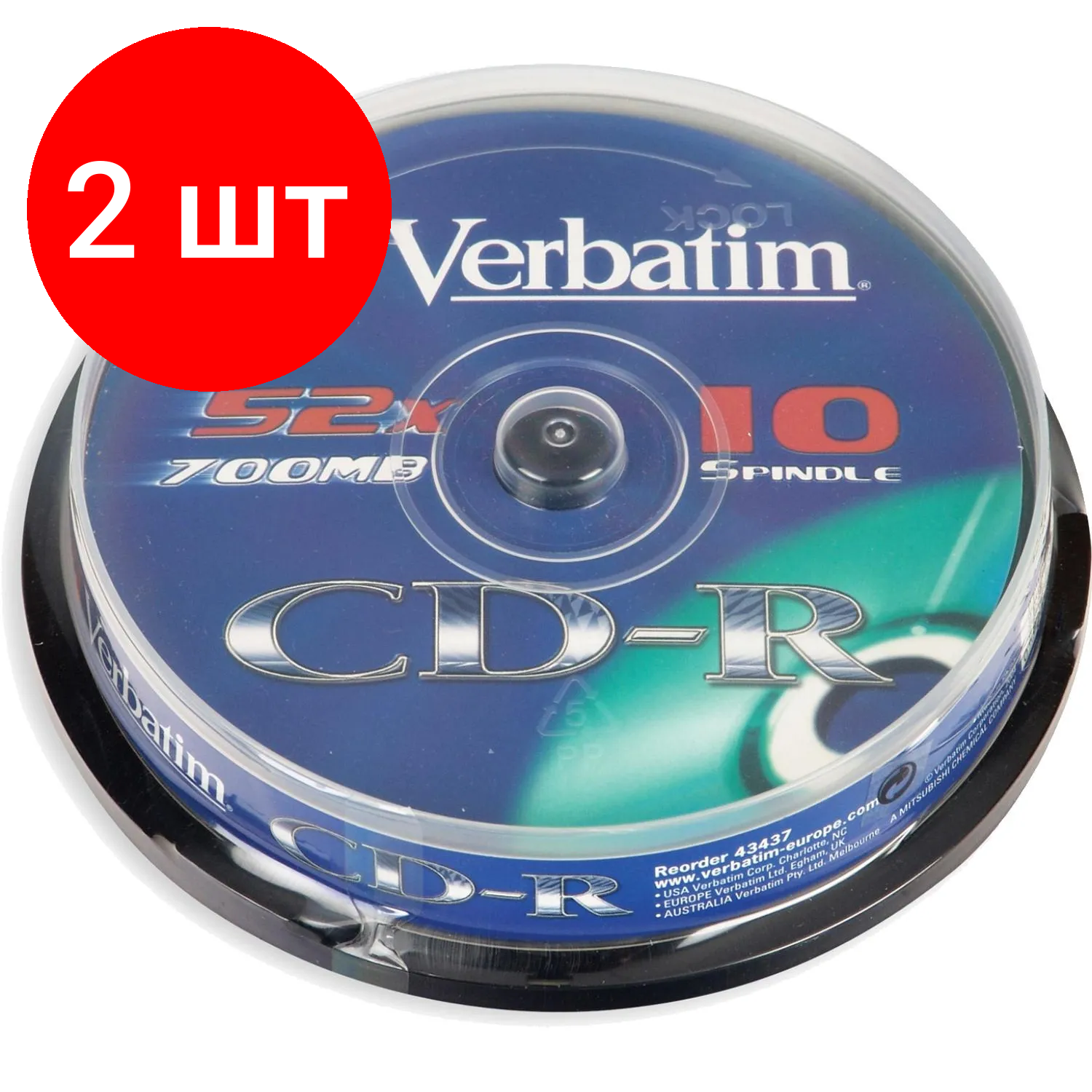 Комплект 2 упаковок, Носители информации CD-R, 52x, Verbatim Extra Protection, Cake/10, 43437