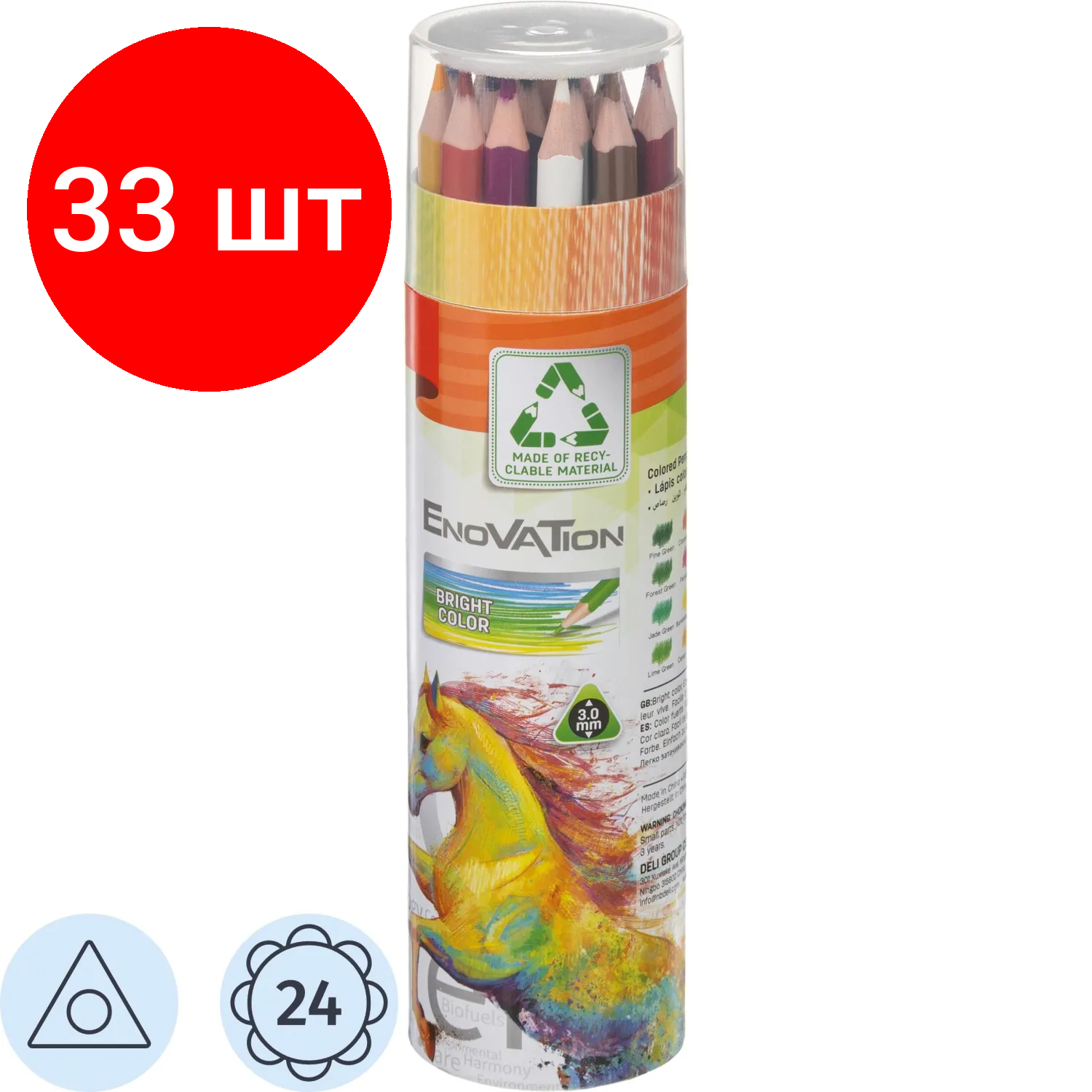 Комплект 33 упаковок, Карандаши цветные Deli Enovation EC112-24 3-гран. пластик 24цв/наб бум туба