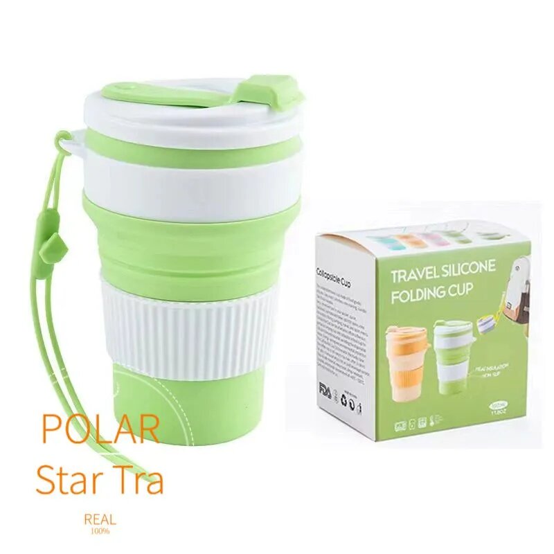 Складной эко стакан с крышкой для кофе с собой 350 мл, зеленый