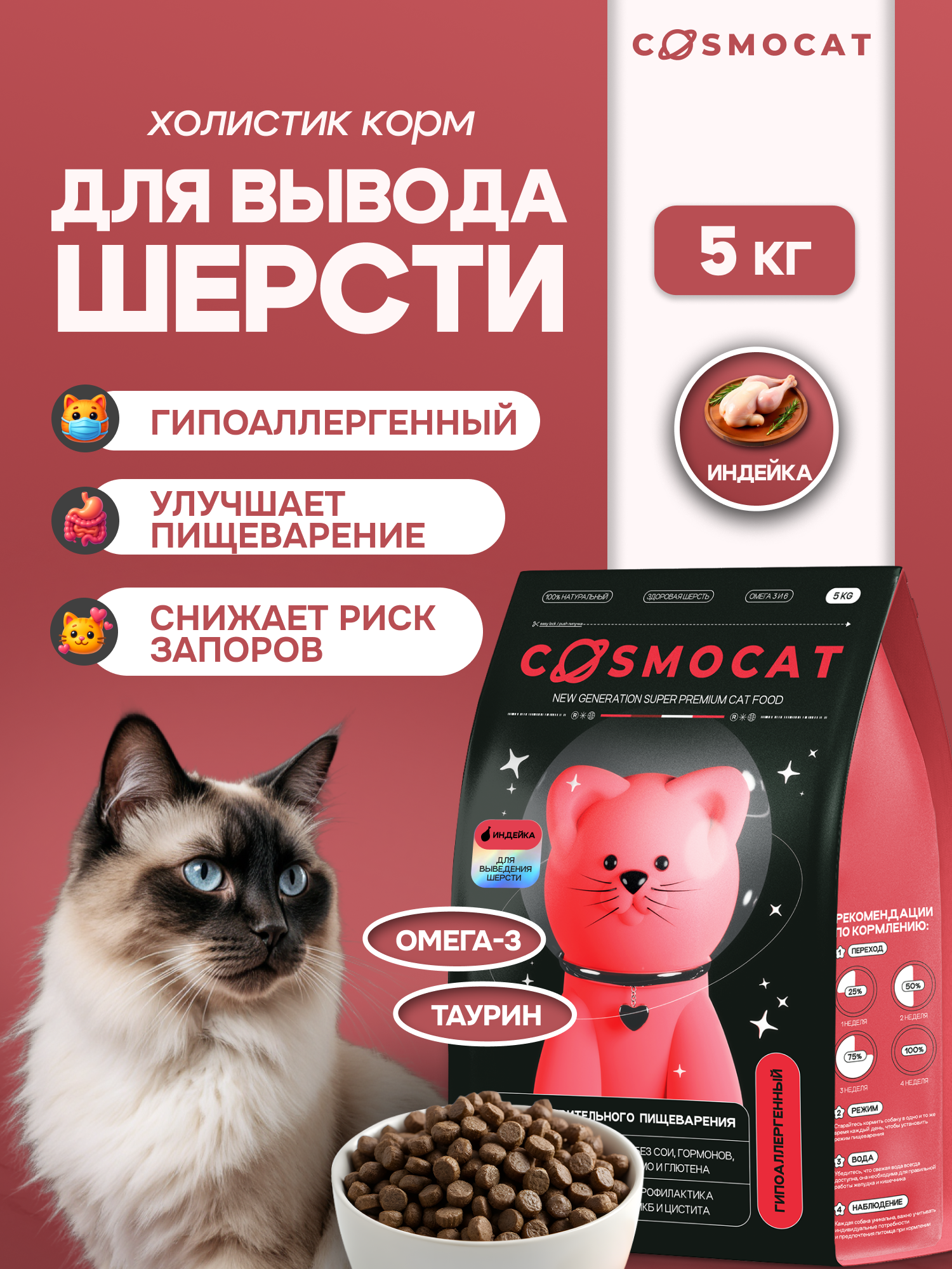 Корм для кошек сухой Cosmocat гипоаллергенный с индейкой для профилактики волосяных комочков 5 кг