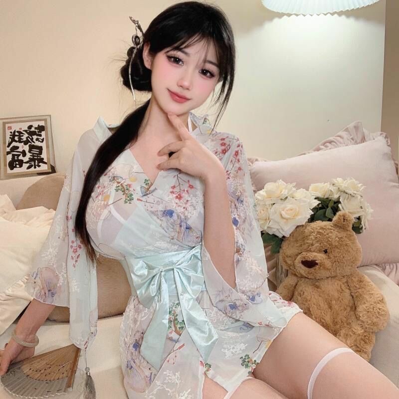 Японский стиль прозрачное кимоно с цветами сакуры, сладкая ночная сорочка, сексуальное чистое желание, ночная сорочка с бантом, японский набор для девочек
