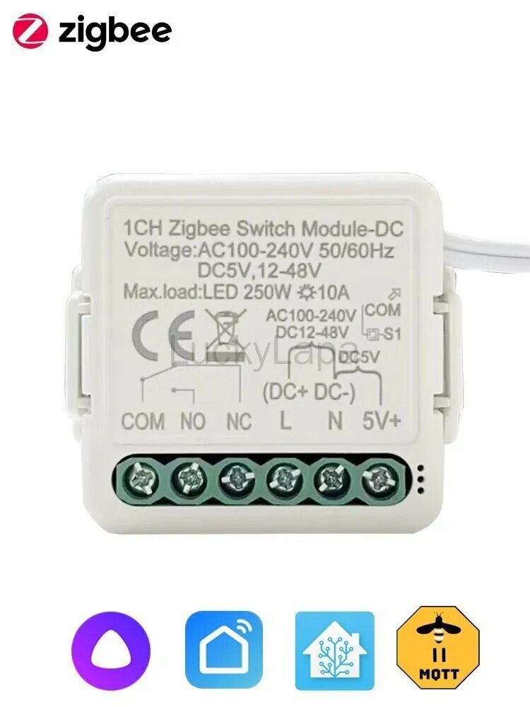 Умное реле с Zigbee 1CH, сухим контактом, AC 100-240В, DC 5В 12-48В, Яндекс Алисой, Tuya Smart Life