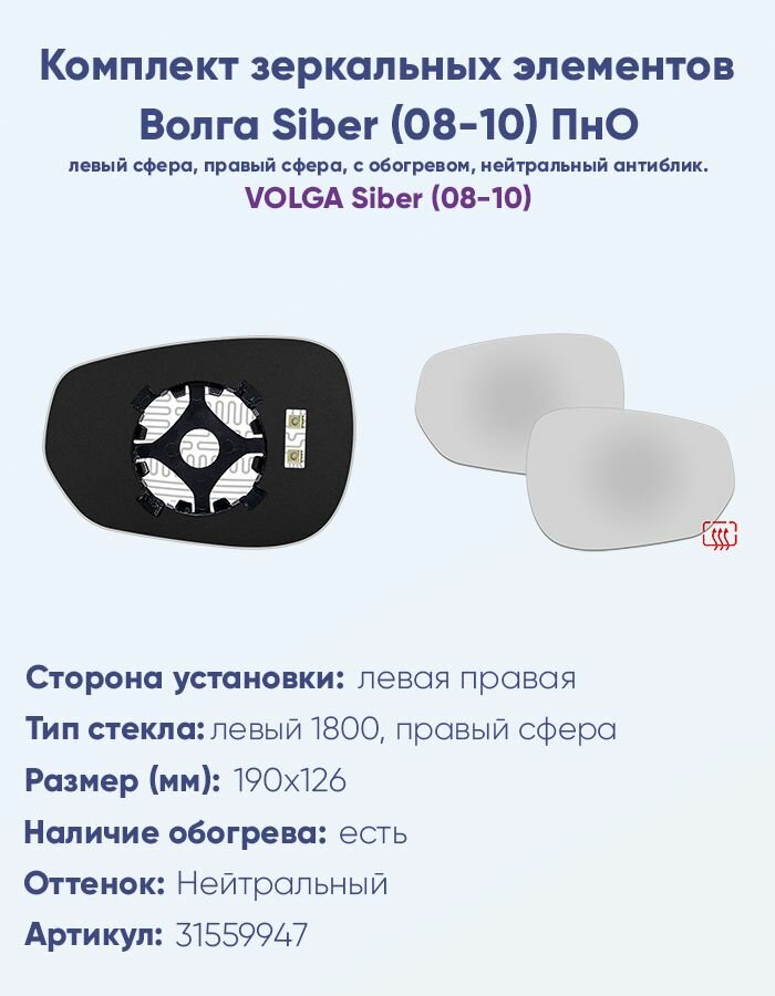 Комплект зеркальных элементов Волга Сайбер Siber (08-10) с обогревом и сферическими противоослепляющими отражателями нейтрального тона.
