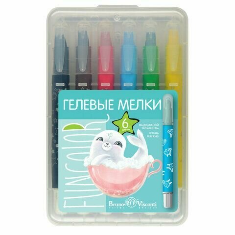 24 шт. Мелки гелевые BRUNO VISCONTI FunColor, пластиковый корпус, выкручивающиеся, 8 мм, 6 цветов, 31-0017