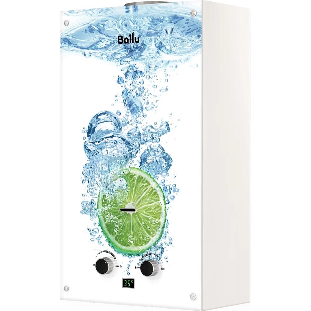 Газовая колонка Ballu Fiery Glass Lime НС-1584733, 10л/мин, 20кВт, 55см, белая