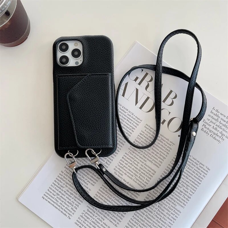 Модный кожаный чехол-бумажник с ремешком через плечо для iPhone 16, 17 15, 16 Pro 14 15pro 11 13 Pro Max 12 13 pro, зеркальная сумка для телефона с зеркалом для макияжа Айфон 16 Про, Черный, черный