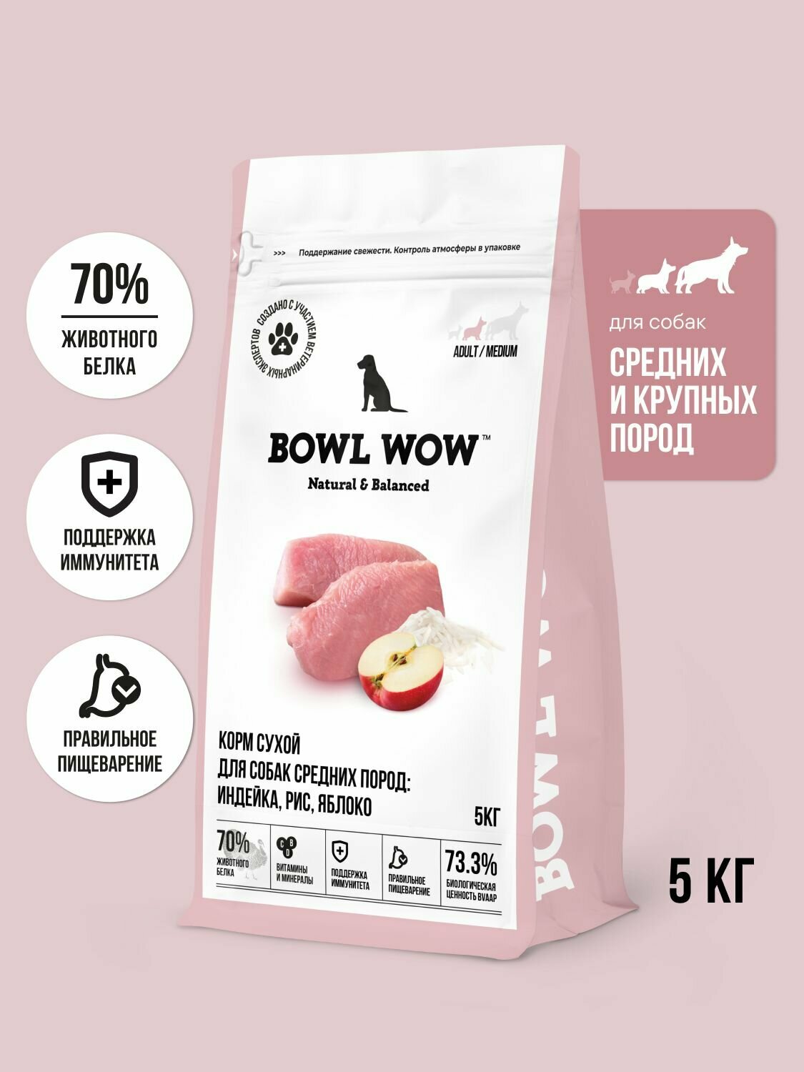 Корм сухой BOWL WOW супер премиум с индейкой, рисом и яблоком для собак средних пород полнорационный, натуральный с высоким содержанием белка для пищеварения и иммунитета, 5 кг