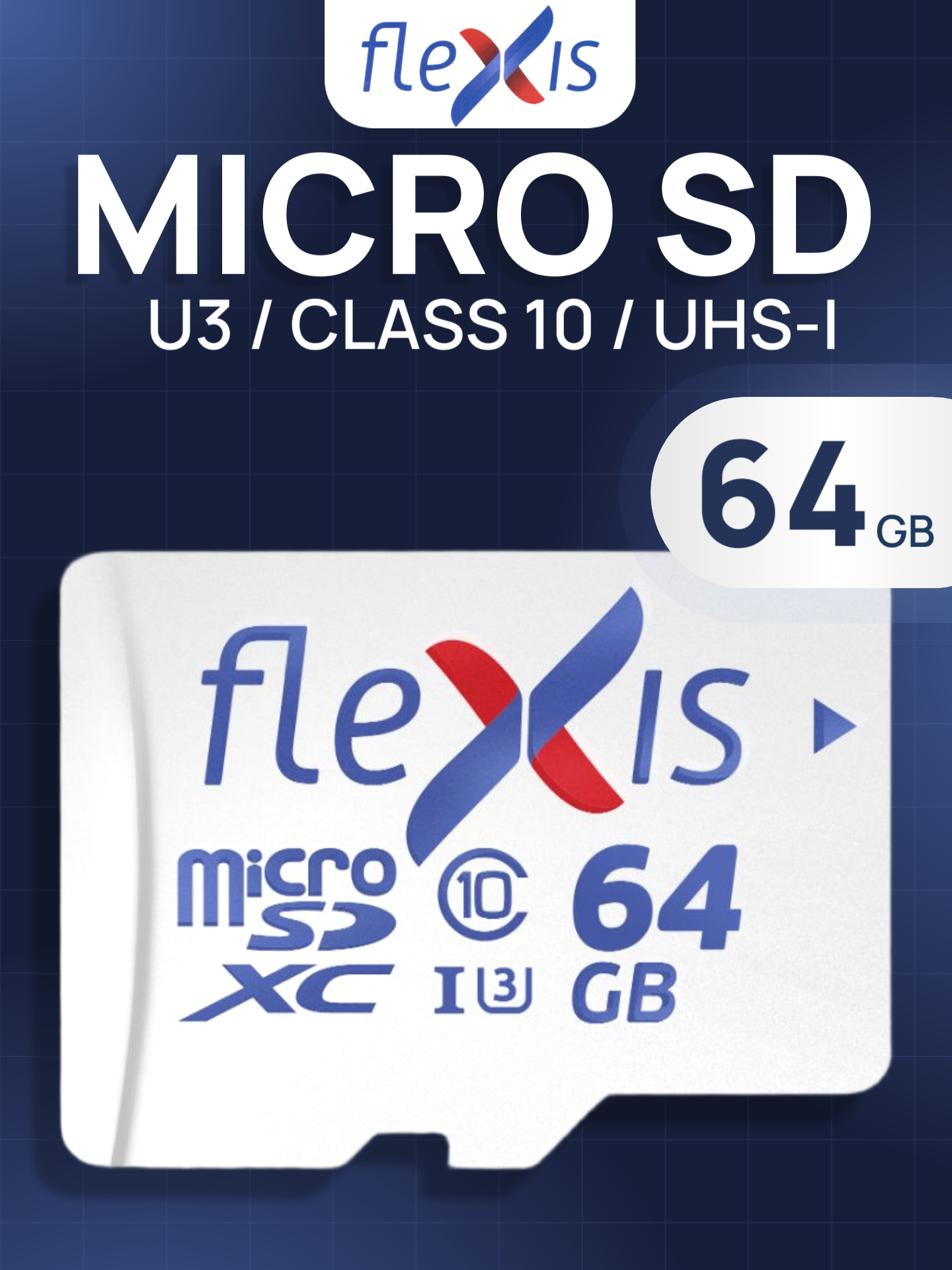 Карта памяти microSDXC 64GB Cl10 U3, без адаптера, Flexis, FMSD064GU3