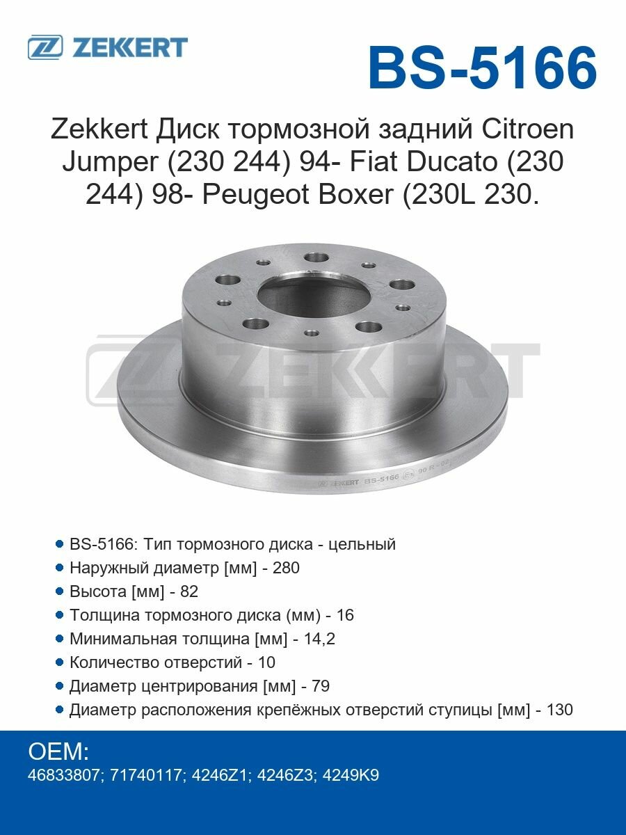 Zekkert Диск тормозной задний Citroen Jumper (230 244) 94- Fiat Ducato (230 244) 98- Peugeot Boxer (230L 230.