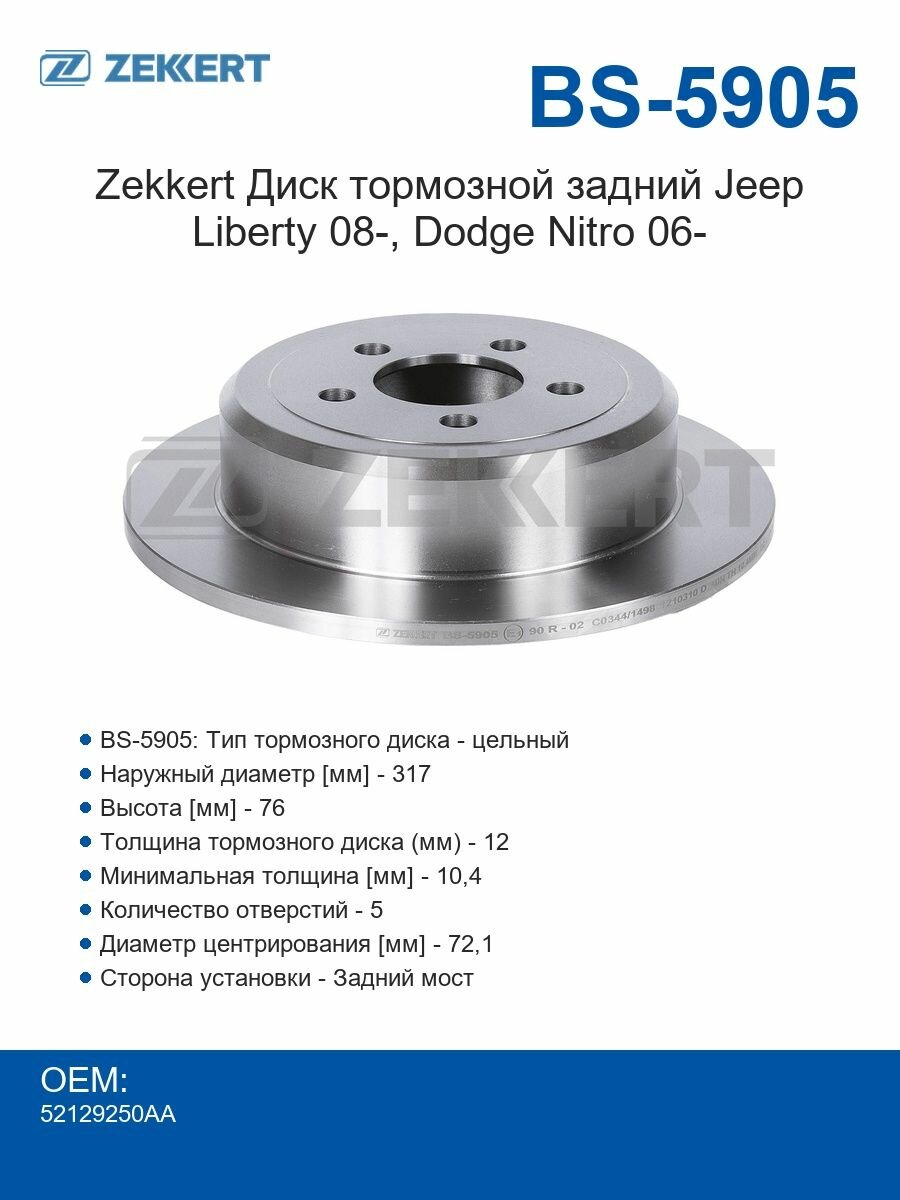Zekkert Диск тормозной задний Jeep Liberty 08-, Dodge Nitro 06-