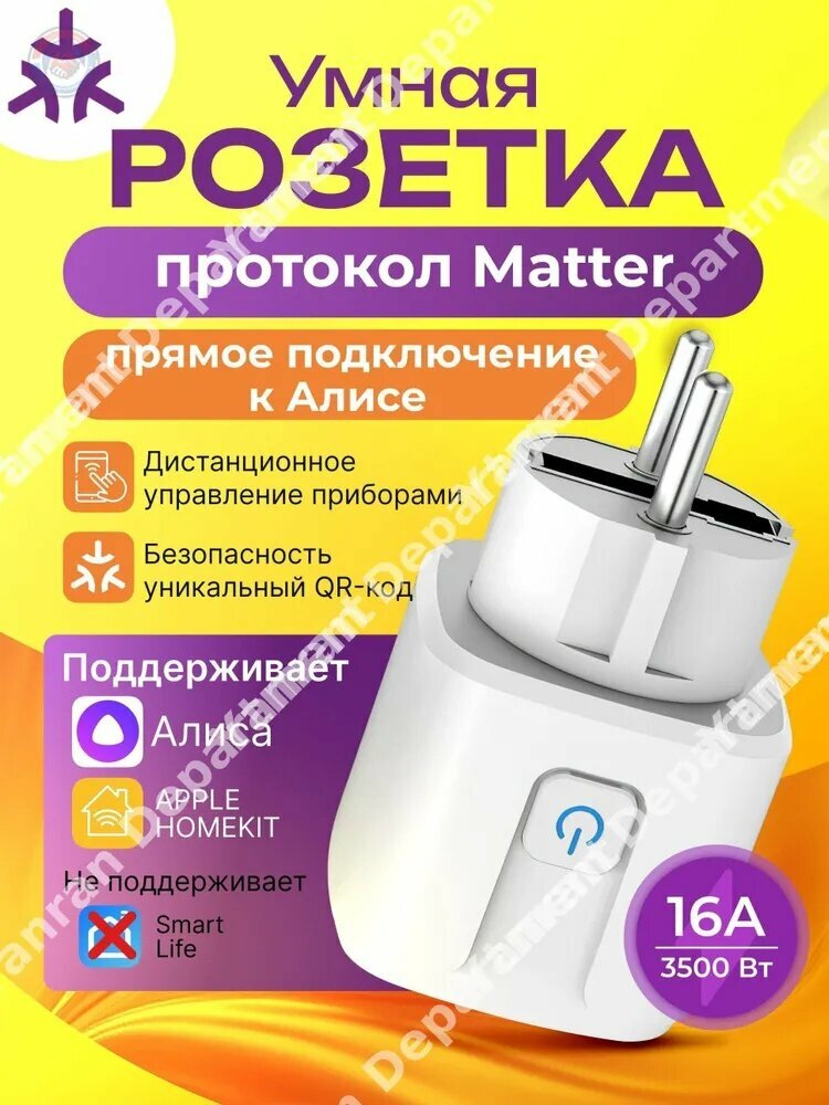 Умная розетка Matter Smart Plug для умного дома, совместимая с Алиса и Google Home, управление голосом и таймером, работает без интернета, простая настройка через одно приложение