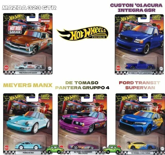 Набор Hot Wheels Premium Boulevard 2021 1:64 5 коллекционных авто Porsche 964, Honda Civic, и другие Литые модели с резиновыми шинами