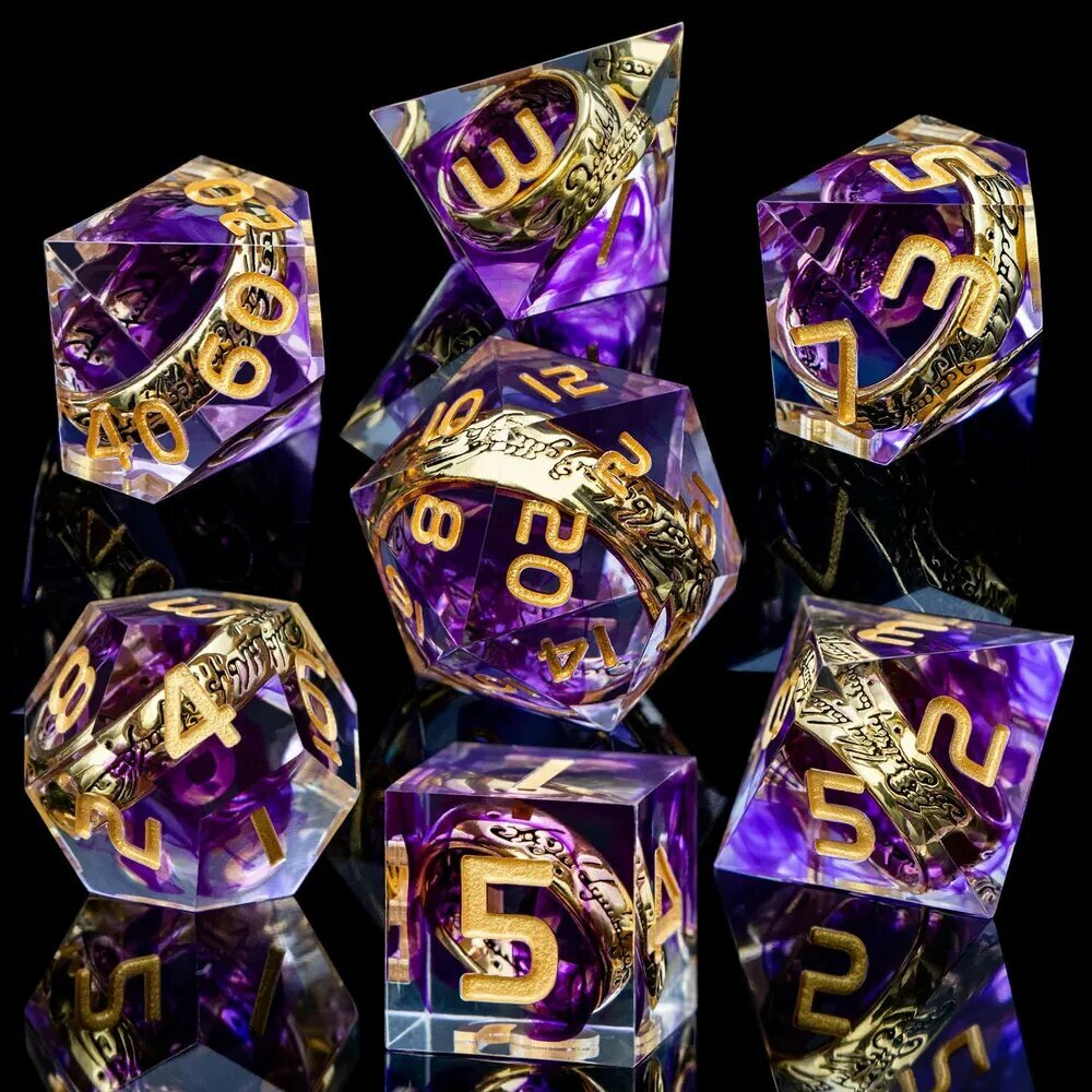 Кубики ДнД с кольцом внутри Дайсы для Dungeons & Dragons Прозрачные фиолетовые кости игральные Набор из 7 кубиков