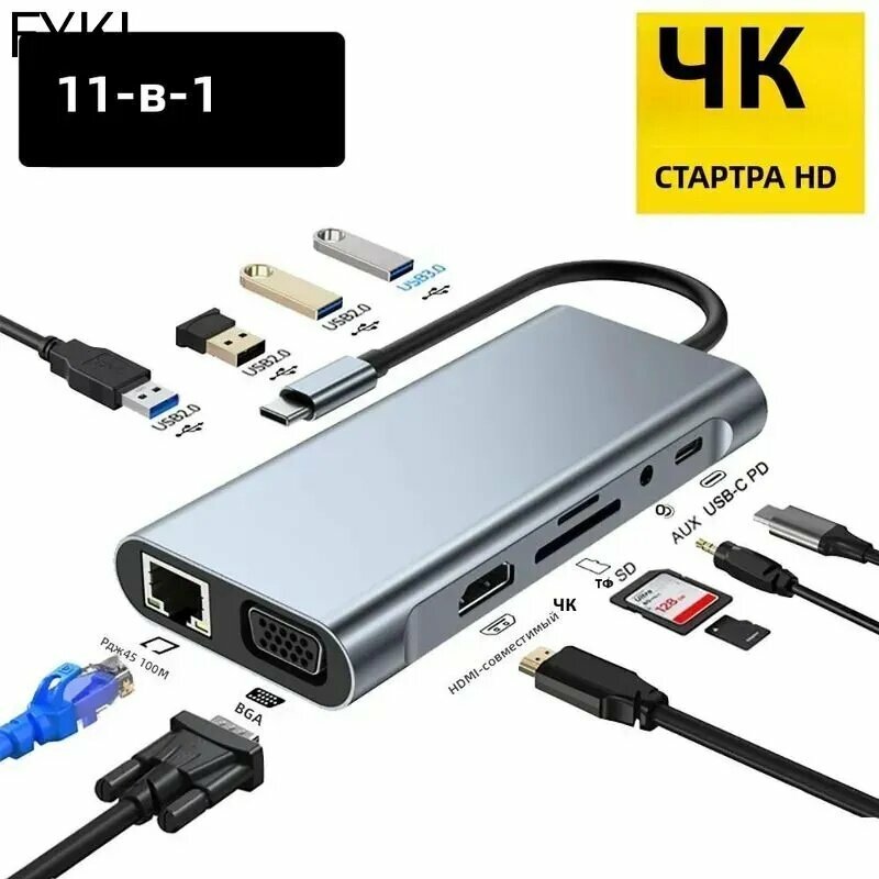USB C HUB 11-в-1 с HDMI 4K 30Hz, Type-C на HDMI, USB 3.0, PD 87W, док-станция для MacBook Pro/Air, адаптер с RJ45, VGA, AUX