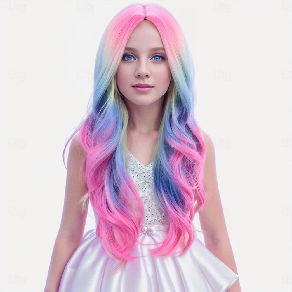 Детский радужный парик HAIRJOY, длинные волны, colorful
