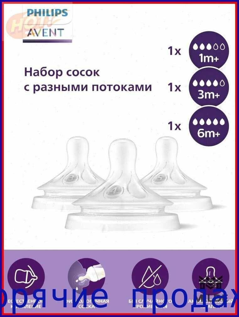 Набор сосок Philips Avent Natural Response SCY960/03 с разными потоками, 3 шт.